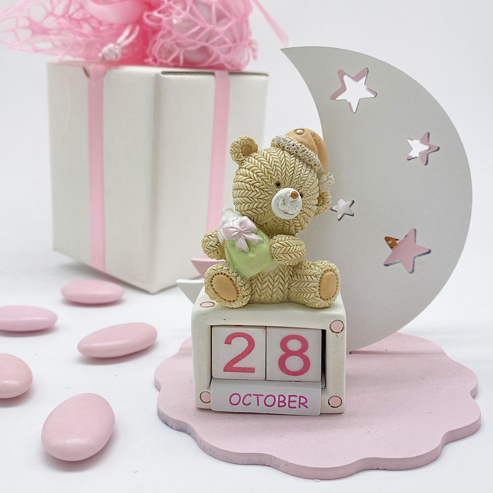 LAMPADA LED ROSA CON LUNA E ORSETTO CON DATARIO BOMBONIERE NASCITA E ...