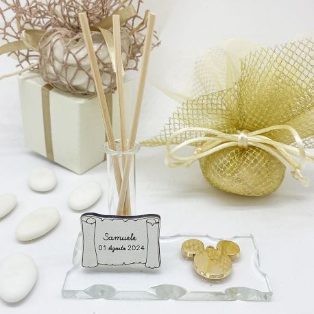 ESCLUSIVA BOMBONIERA PERSONALIZZABILE DISNEY, BASE IN VETRO CON FIALA E ...