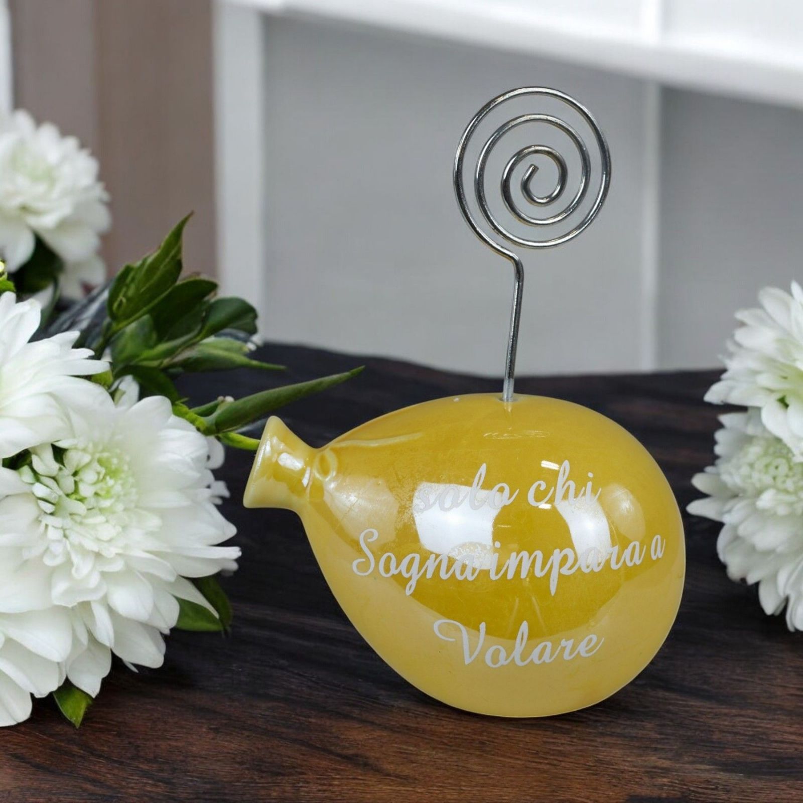 MEMOCLIP PORTAMEMO PALLONCINO GIALLO "SOLO CHI SOGNA IMPARA A VOLARE" - Doni Bomboniere